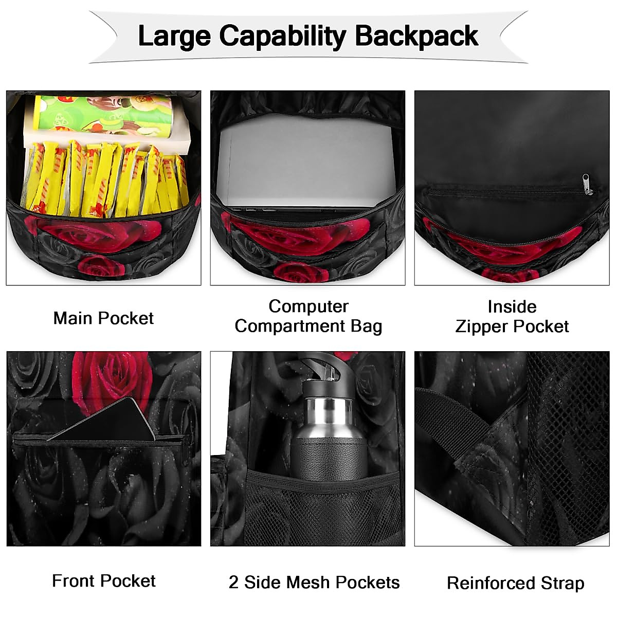 DOHOATU Kids Backpacks, Large 18 Inch Rose Bookbag Black and Red Roses Shoulder School Bags for Boy Girl Computer Hiking Gym Travel Casual Travel Daypack