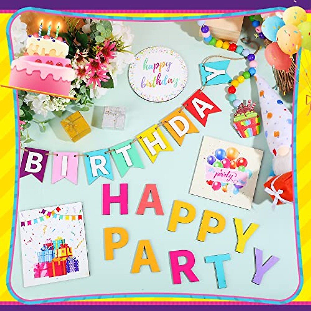 9 Pcs Farmhouse Birthday Gnome Tiered Tray Decor Set Birthday Gift Gnome Tiered Tray Doll Happy Birthday Party Wood Sign Farmhouse Beaded Garland for Farmhouse Kitchen Tiered Tray Birthday Party Decor