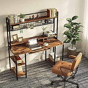 Rolanstar Computer Desk with Hutch and Keyboard Tray, 55" Office Desk with Storage Shelves, Studying Writing Desk Workstation for Home Office, Rustic Brown