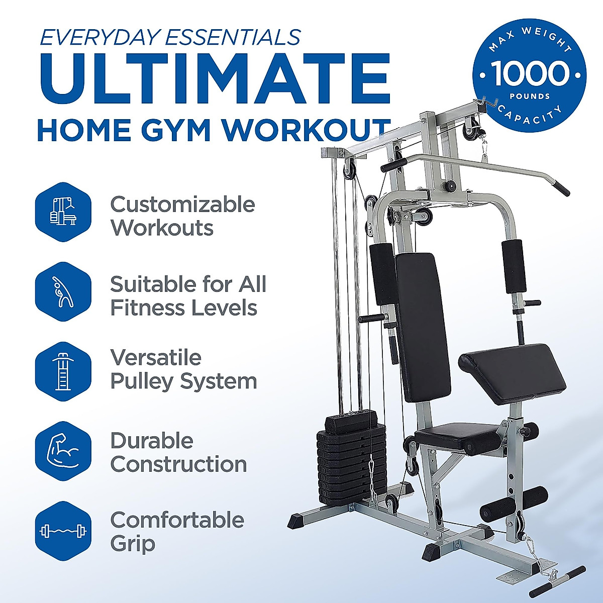 BalanceFrom Multifunctional Home Gym System Workout Station with Leg Extension and Preacher Curl, 122.5LB Weight Stack, Model 980