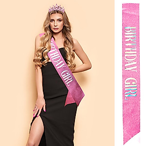 Velscrun Pink Crystal Birthday Tiara Crowns for Women Girls Elegant Princess Crown with Combs Birthday Girl Headband Sash Happy Birthday Party Decorations Birthday Gift Cake Topper Hair Accessories