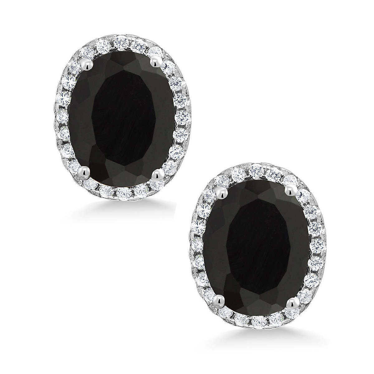 Gem Stone King 925 Sterling Silver Black Onyx Halo Earrings For Women (4.48 Cttw, Gemstone Birthstone, Oval 9X7MM)