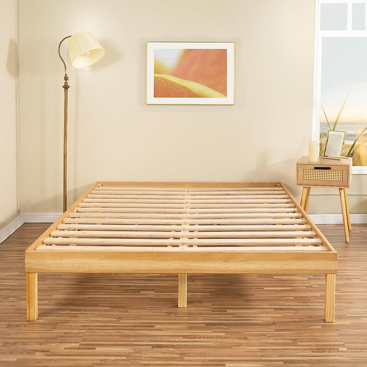 Linda 14 Inch King Solid Wood Platform Bed Frame, No Squeak Bed Frame with Wooden Slats, No Box Spring Needed, 9.2” Under Bed Storage – Natural
