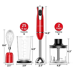 Galanz 4-in-1 Retro Immersion Hand Blender & Food Chopper with Whisk, 2 Speeds, Blending Beaker Included, Stainless Steel, 260W, Red