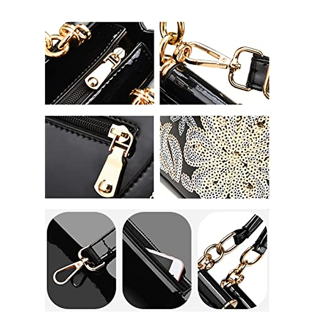 SMALLBLUER Women Patent Leather Tote Crossbody Bag Retro Pattern Shoulder Bags Satchel-Black