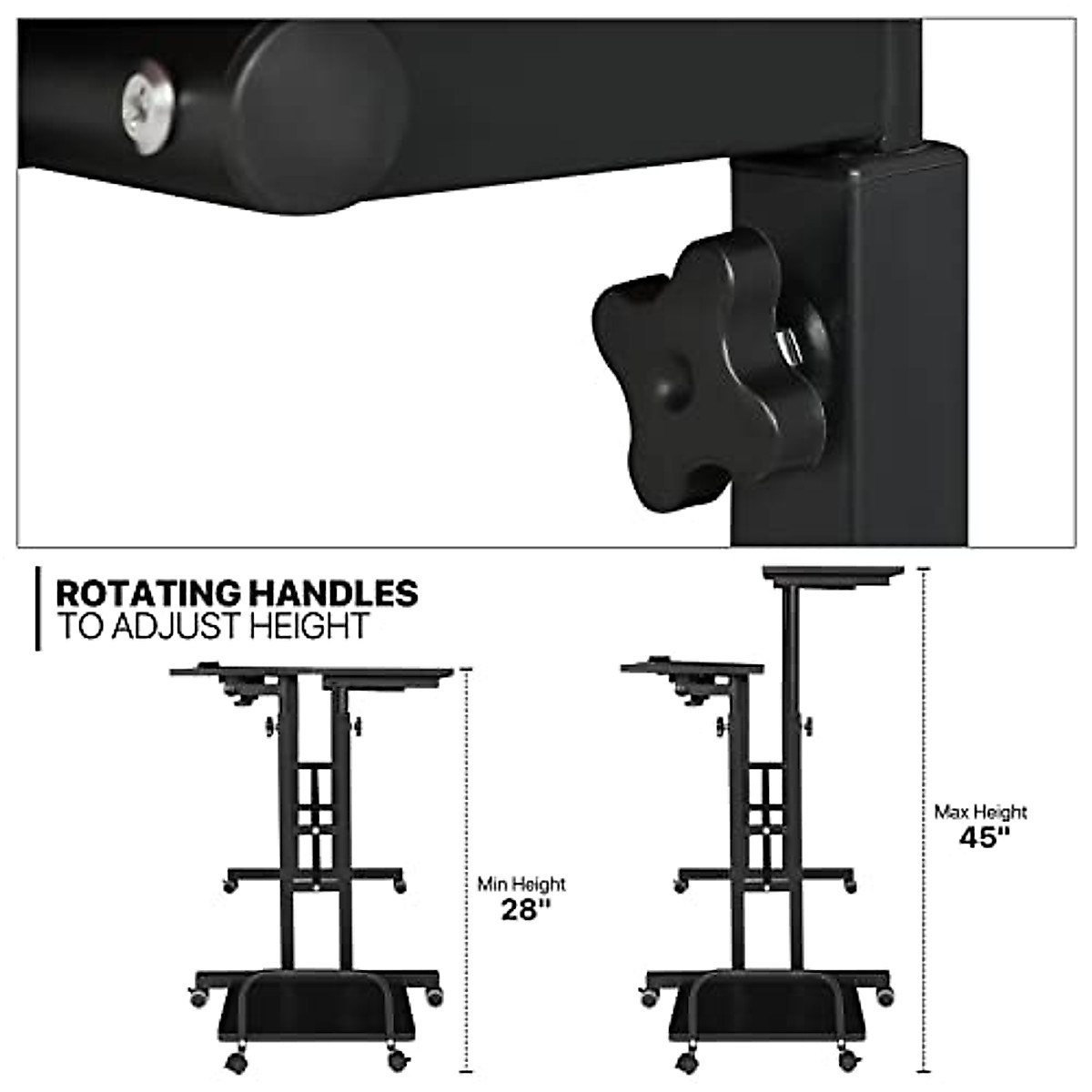 MoNiBloom Mobile Standing Desk Adjustable Height Workstation Rolling Presentation Cart Stand Up Laptop Table with Side Storage for Home Office Classroom with Wheels, Black