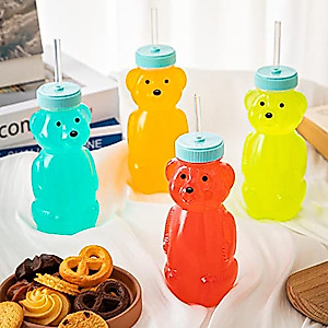 4 PCS Honey Bear Straw Cup, Baby Straw Cups with 8 Flexible Straws and 1 Straw Brushes, 8oz Special Supplies Juice Bear Bottle for Infant Feeding, Drinking Needs of Those with Poor Oral Health (Blue)