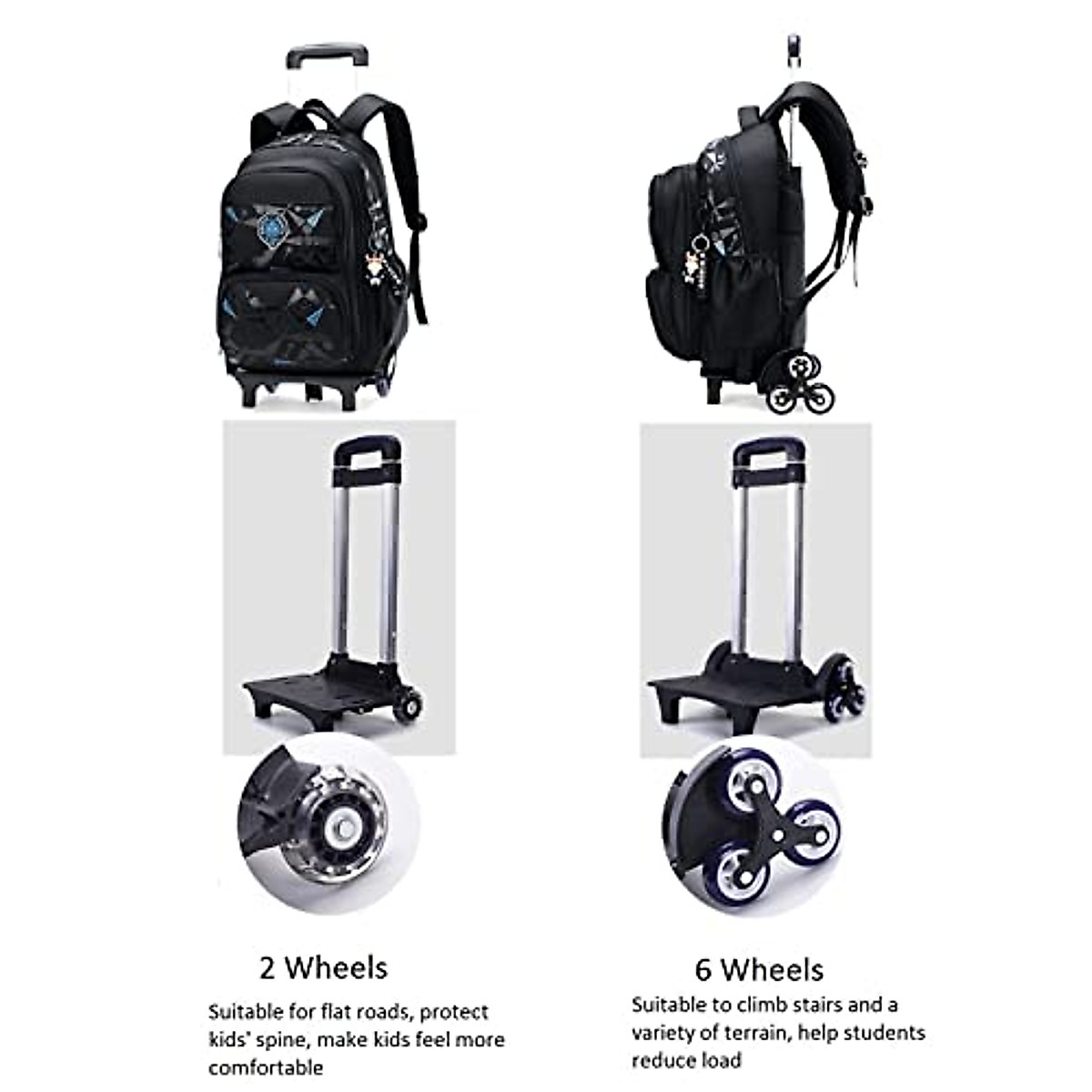 Boys Geometric-Print Rolling Backpack Kids Luggage School Bag Trolley Bookbag Rucksack with Wheels