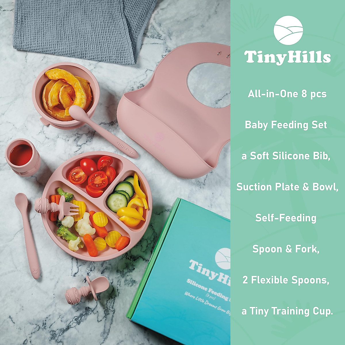 Silicone Baby Feeding Set, Baby Led Weaning Supplies - Suction Plate and Bowl, Self Feeding Spoon and Fork, 2 Bendable Spoons, Tiny Cup, Bib, First Stage Eating Utensils, Baby Dishes