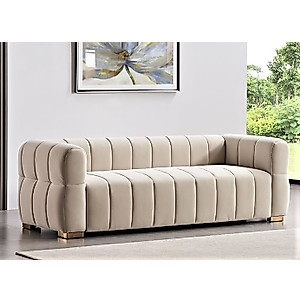 Container Furniture Direct Art Deco Velvet Sofa with Tufted Low Back Design, Sophisticated 3 Seater Couch for Living Rooms, 89 Inch Wide, Easy Assembly, Beige