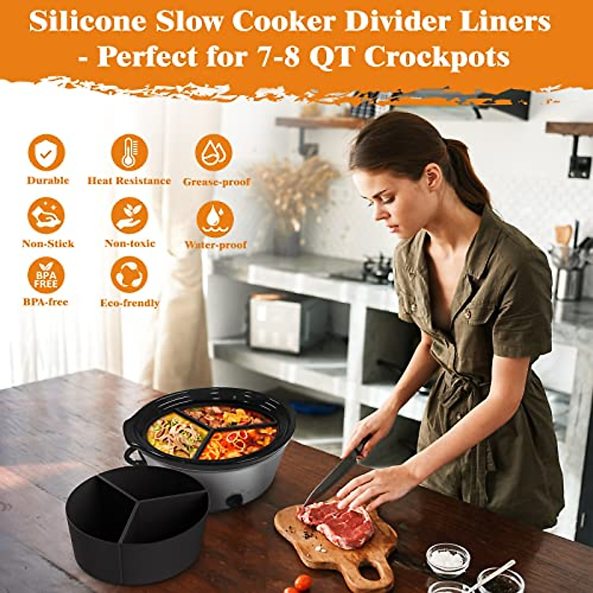 Slow Cooker Divider Liner Fit Crockpot 7-8 Quart,Reusable Silicone Liners for 7-8 QT Oval Crock Pots,Food-Grade Cooking Dividers Inserts,Eco-Friendly Alternative to Disposable Liners - Black