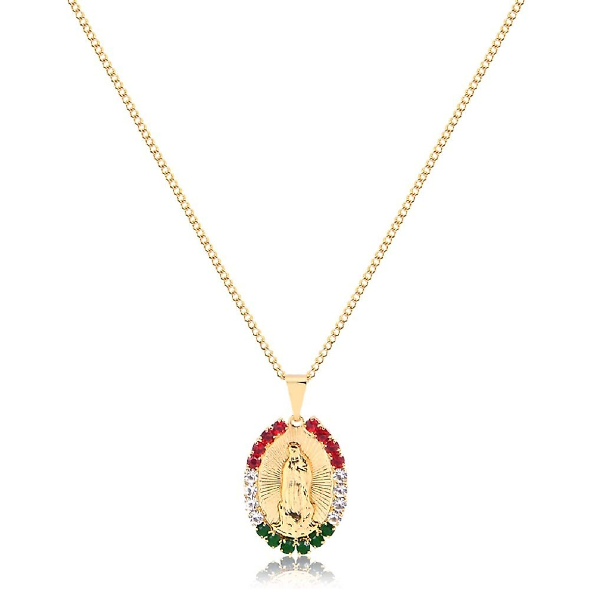 AMA 18K Gold-Plated Guadalupe Pendant Choker with Swarovski - 18-Inch Adjustable Golden Chain with Red, Green, White Crystal-Encrusted Virgin Mary Piece - Hypoallergenic Religious Jewelry for Women