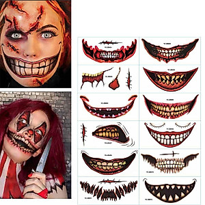 FEBUD 12PCS Halloween Clown Horror Mouth Tattoo Stickers Temporary Tattoos Face Decals Prank Props for Halloween Cosplay Party Decorations