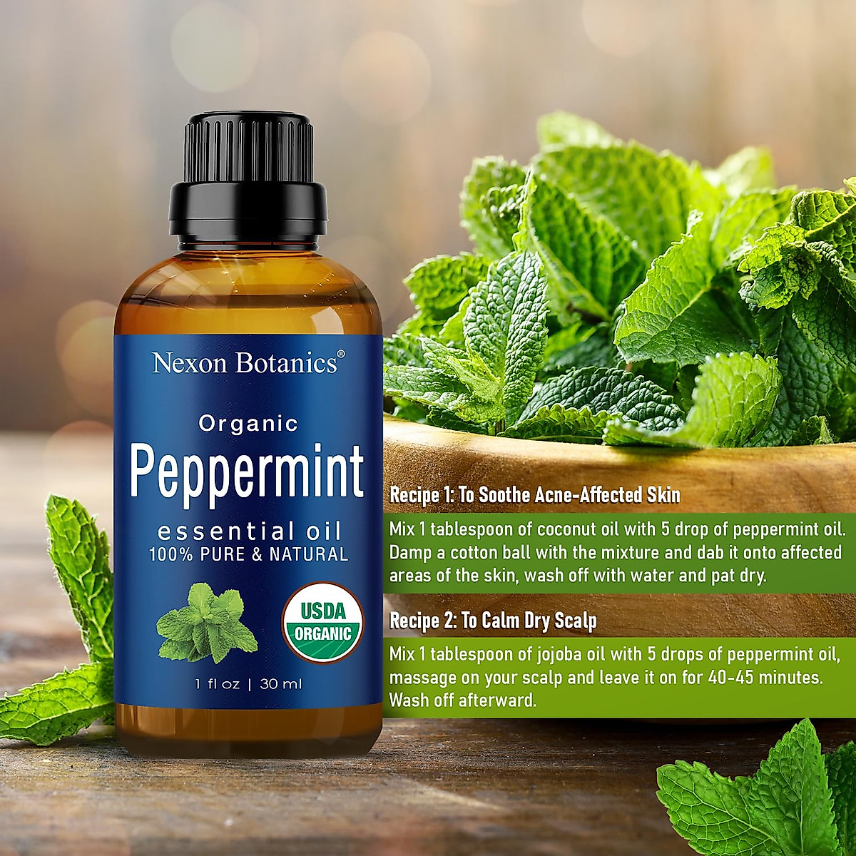 Organic Peppermint Essential Oil 30 ml - 100% Pure Peppermint Oil for Diffuser -Natural, Undiluted Menthol Oil for Hair Care - Mint Oil for Skin Care - Pure Essential Oils Peppermint - Nexon Botanics