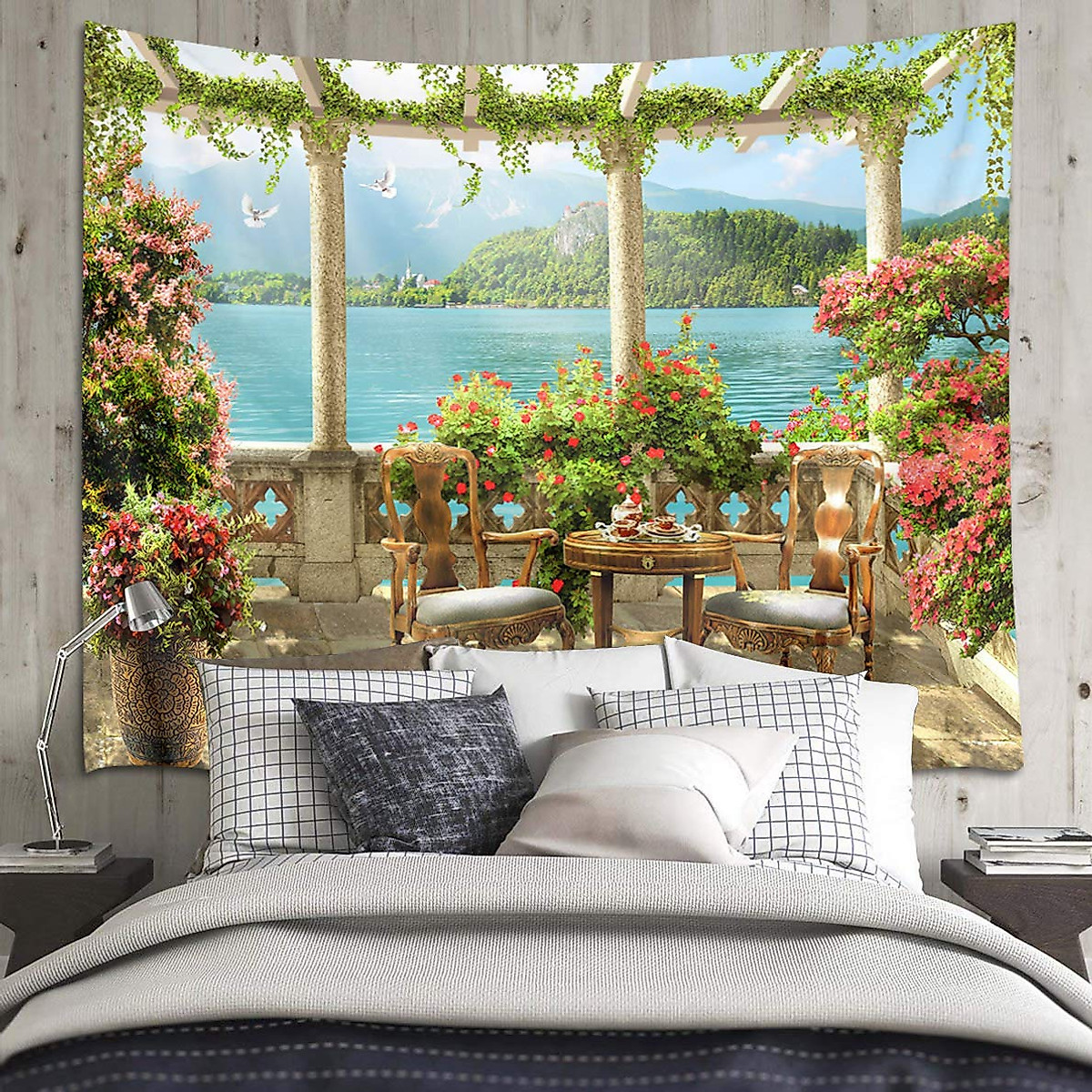 LB Realistic European Palace Garden Tapestry Wall Hanging Balcony Lake Mountain Scene Tapestries Poster Art Bedspread Home Room Decor, 92x 70.5 Inches