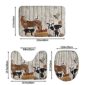 Wondertify Wooden Wall Bathroom Antiskid Pad Farm Little Animals Horse Cow 3 Pieces Bathroom Rugs Set, Bath Mat+Contour+Toilet Lid Cover