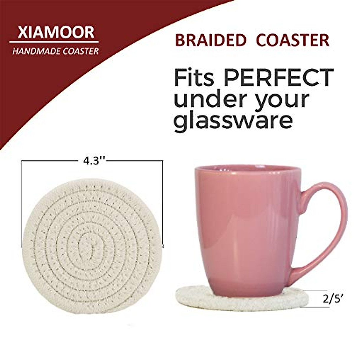 Absorbent Drink Coasters Handmade Braided Drink Coasters 6 Pack (4.3 Inch, Round, 8mm Thick) Super Absorbent Heat-Resistant Coasters for Drinks Great Housewarming Gift (Beige, 6 Pack)