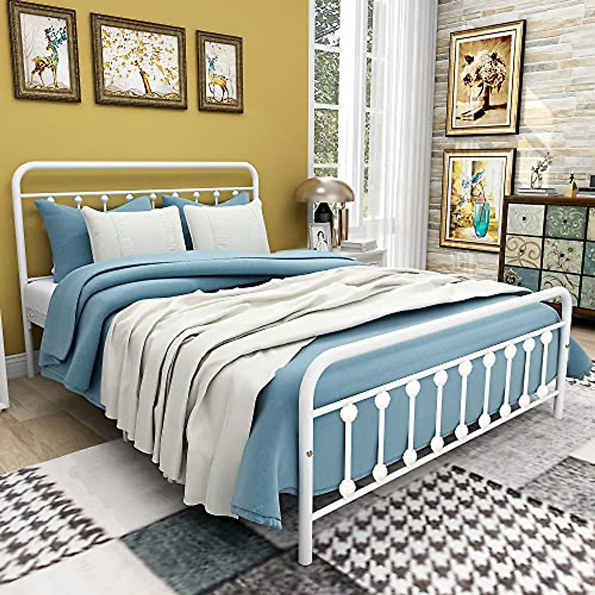 Diolong Queen Bed Frame with Headboard and Footboard Metal Bed Frame Vintage Sturdy Mattress Foundation No Box Spring Needed (White, Queen)