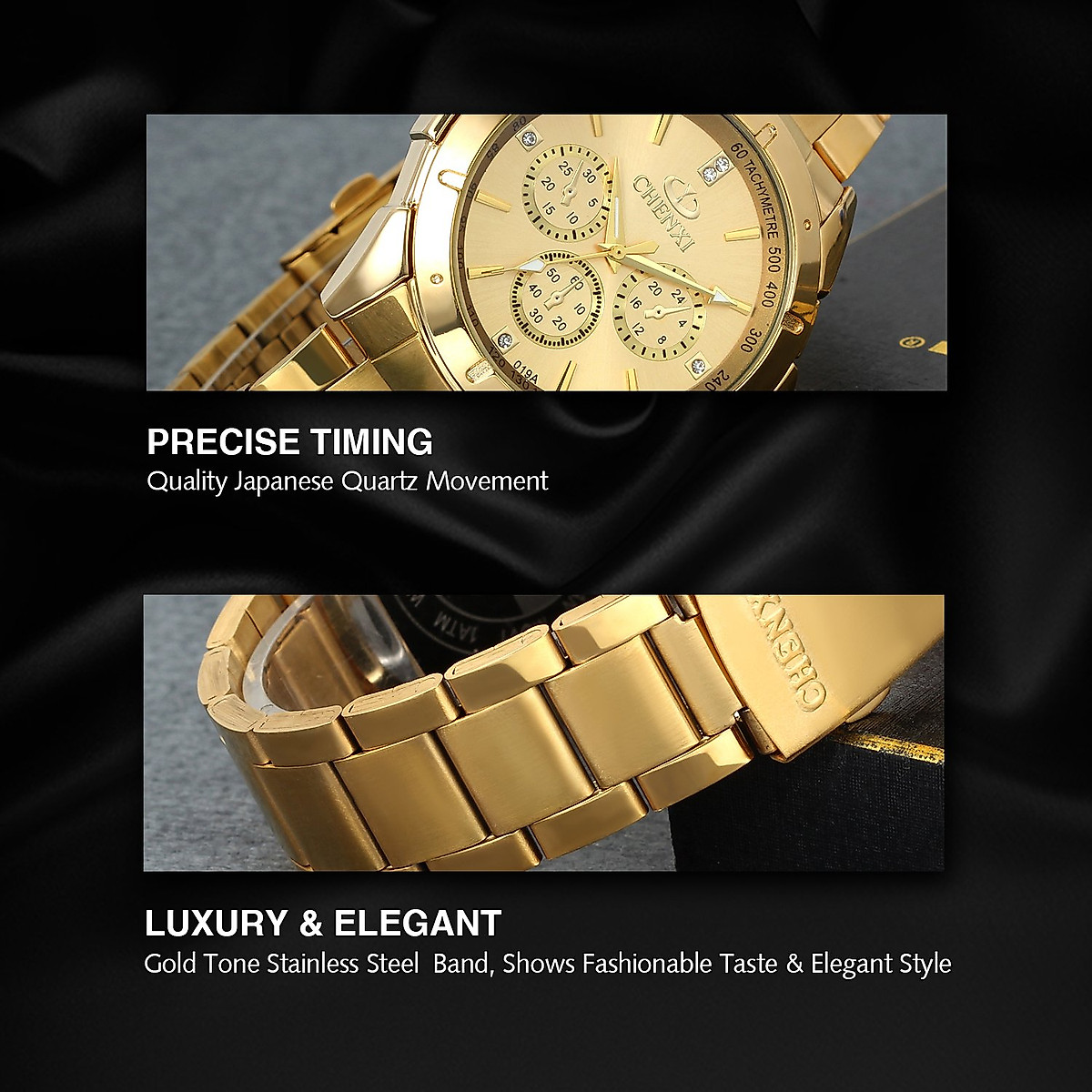 Avaner Mens Gold Watch Analog Dial Quartz Rhinestone Iced Out Pave Wrist Watch Stainless Steel Charm Bracelet (Gold-1) (Gold-2)