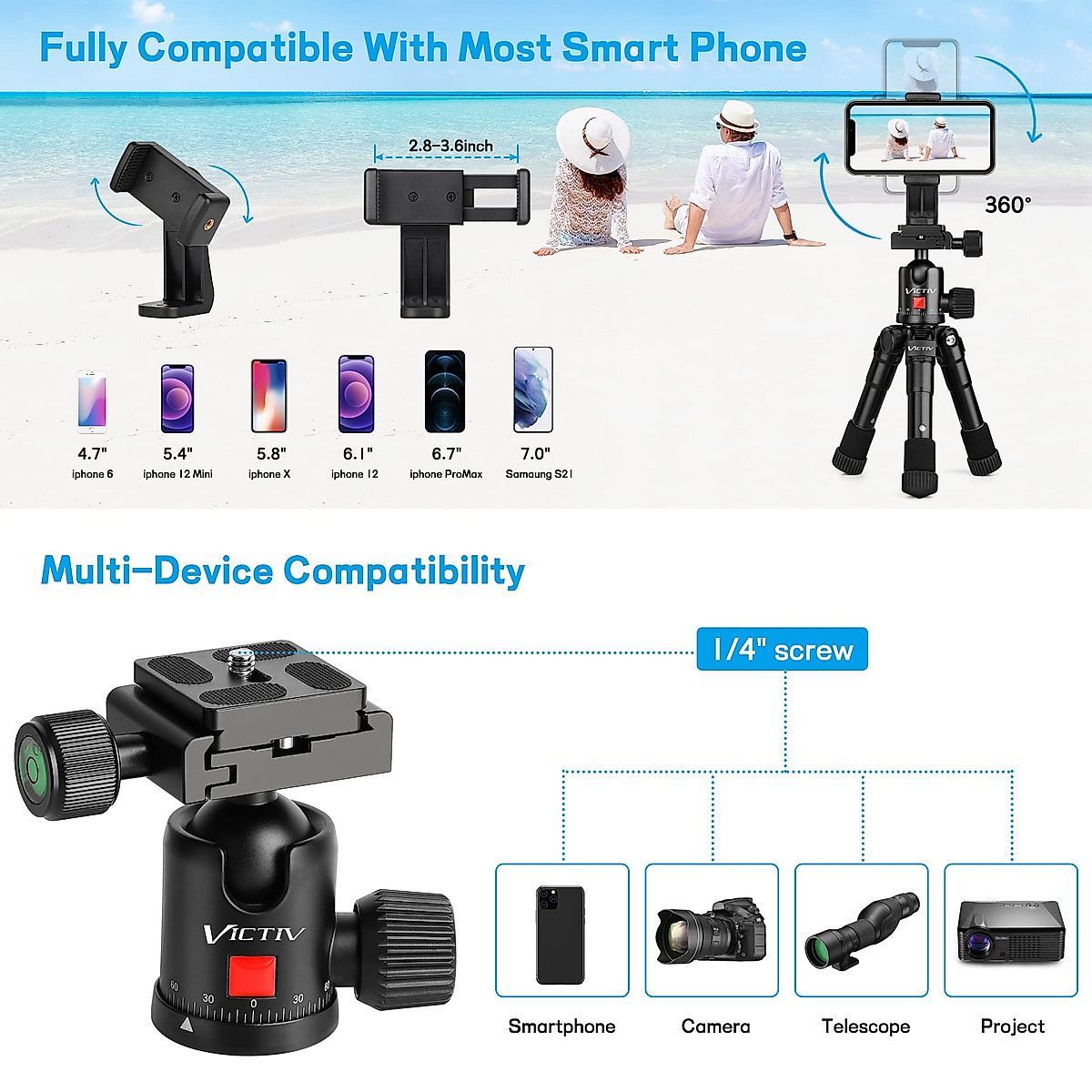 Tabletop Tripod, 20 inch Portable Desktop Mini Tripod for Camera with 360 Degree Ball Head, Aluminum Small Travel Tripod, Compatible with DSLR Camera/Video Camcorder/Cell Phone/Spotting Scope (Black)