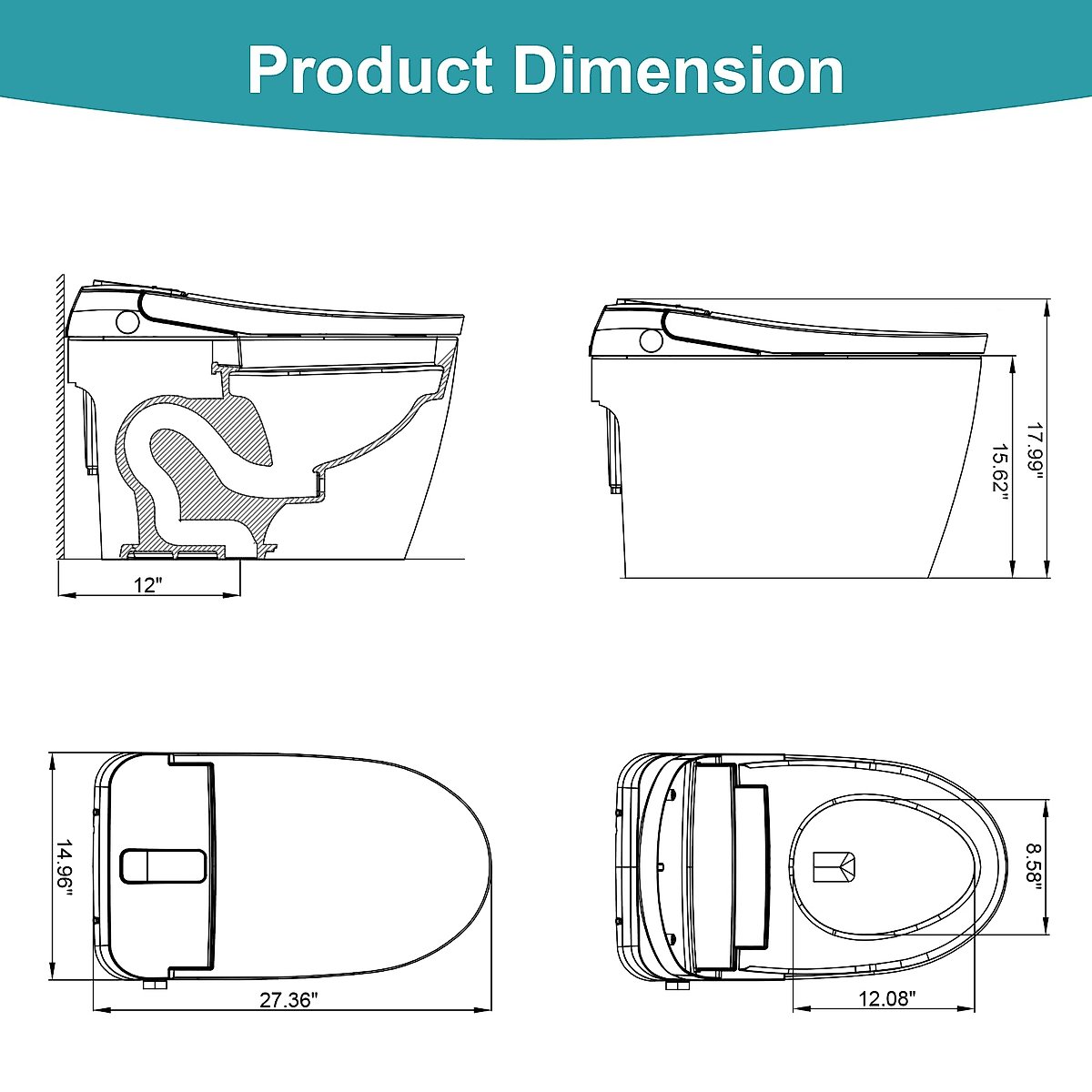 GIVINGTREE Black Smart Toilet with Auto Open Lid and Auto Flush, Modern Smart Tankless Instant Heating Toilet with Bidet Built in, Wireless RemoteControl and Smart Knob.