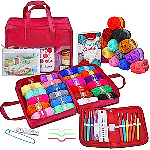 J MARK Crochet Kit for Beginners with Yarn Set, Premium Bundle Includes 1,320 Yards Acrylic Crochet Yarn Balls, Crochet Hooks, Needles, Book, Bags More, Professional Starter Pack for Adults and Kids