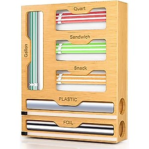 KOCWELL Ziplock Bag Organizer and Plastic Wrap Dispenser with Cutter, 6 In 1 Bamboo Foil and Plastic Wrap Organizer for Kitchen Drawer, Food Storage Bag Organizer for Gallon,Quart,Sandwich,Snack