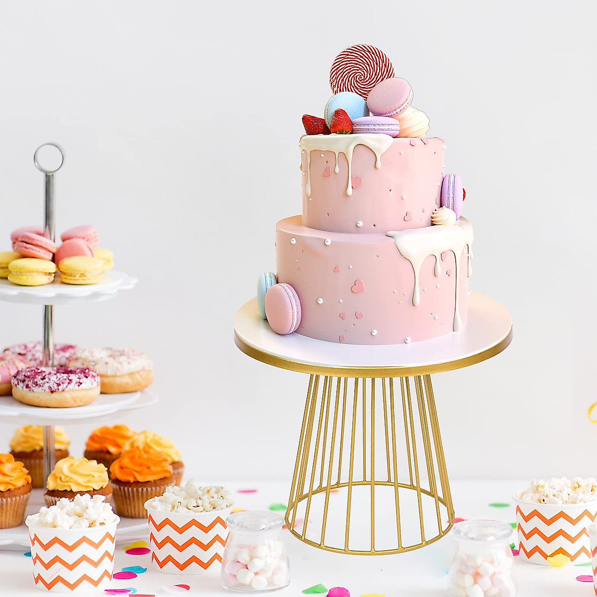 Sunormi Maygone 2pcs Modern Metal Gold Cake Stands Plate Set with Geometric Base Cupcake Stand Dessert Display Stands for Parties Table Decoration(8",10")