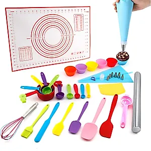 Baking Supplies - Silicone Spatulas Set, Rolling Pin, Pastry Mat, Silicone Baking Cups, Piping Bags and Tips, Measuring Cups and Spoons, Baking Set for Kids Teens Adult Beginner