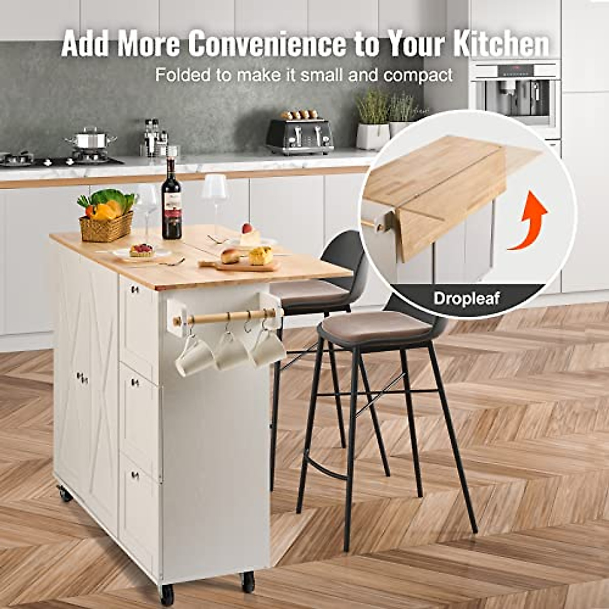 VEVOR Kitchen Island Cart with Solid Wood Top, 35.4" Width Mobile Carts with Storage Cabinet, Rolling Kitchen Table with Spice Rack, Towel Rack, Drop Leaf and Drawer, Portable Islands on Wheels, White