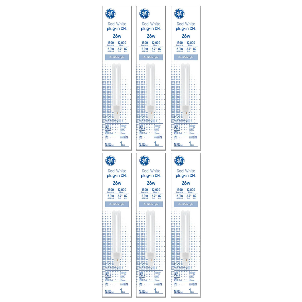 GE (6 Bulbs) Bright Cool White 26 watt Plug-in CFL G24d-3 Base, 6.7 inch, F26DX, 4100K Cool White Compact Fluorescent CFL Light Bulb