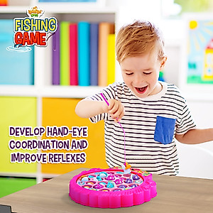 Fishing Game Play Set - 21 Fish, 4 Poles, & Rotating Board w/On-Off Music - Family Children Backyard Pink Toy Games for Kids and Toddlers Age 3 4 5 6 7 Girls and Up