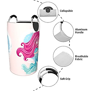 Duduho 82L Large Laundry Hamper Mermaid Girl Laundry Basket with Handles, Cute Round Storage Organizer Waterproof Tall Foldable Bucket Washing Bin for Toys Clothes