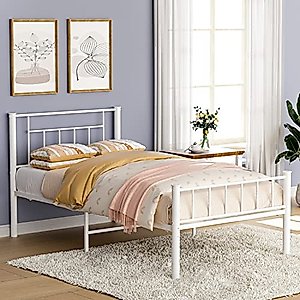 4 EVER WINNER Twin Metal Bed Frames, 14 Inch Twin Bed Frames with Headboard and Footboard, Platform Bed Frame with Storage, No Box Spring Needed, Mattress Foundation, Easy Assembly. White