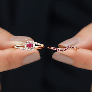 1 CT Ruby and Diamond Ring Set, Ruby Wedding Ring Set, Minimal Ruby Gold Bypass Ring, Genuine Ruby Bridal Ring Set for Women, 14K Rose Gold, Size:US 8.00