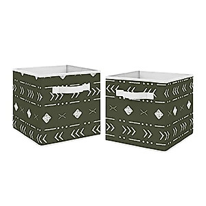 Sweet Jojo Designs Hunter Green Boho Tribal Mudcloth Foldable Fabric Storage Cube Bins Boxes Organizer Toys Kid Baby Children Set of 2 White Woodland Bohemian Southwest Geometric Arrow Aztec Mud Cloth