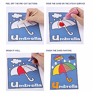 Sand Painting Art Kit with 26 Sheets of Various Alphabet A-Z Word Picture Cards & 12 Bottles of Colorful Sands, Preschool DIY Toys Educational Creative Activity Practice Craft Set for Kids