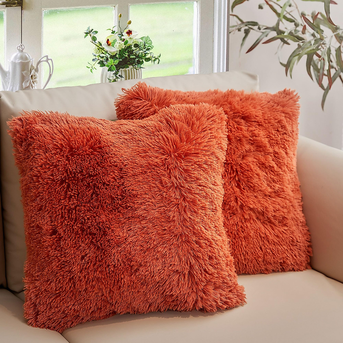 Cheer Collection Throw Pillows for Couch with Inserts Included - Soft Shaggy Long Hair Faux Fur Pillows - Set of 2-20" x 20" - Rust Orange