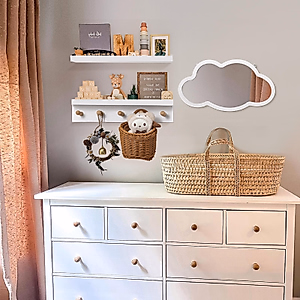 COMAX Nursery Floating Book Shelves with Wall Mirror, Wall Bookshelf for Kids Room Bedroom, Hanging Nursery Book Shelves Wall Mounted Bookshelves, Hanging Baby Book Shelf Nursery Shelves White