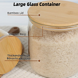 AMOTIE Set of 3 Glass Food Storage Containers with Airtight Bamboo Lid, Glass Storage Canisters, Large Glass Food Jar, Glass Flour and Sugar Containers…