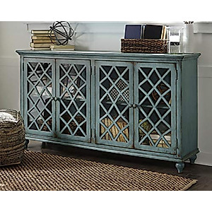 Signature Design by Ashley Mirimyn Vintage 69" 4-Door Accent Cabinet with Mirrored Glass and 2 Adjustable Shelves, Antique Blue