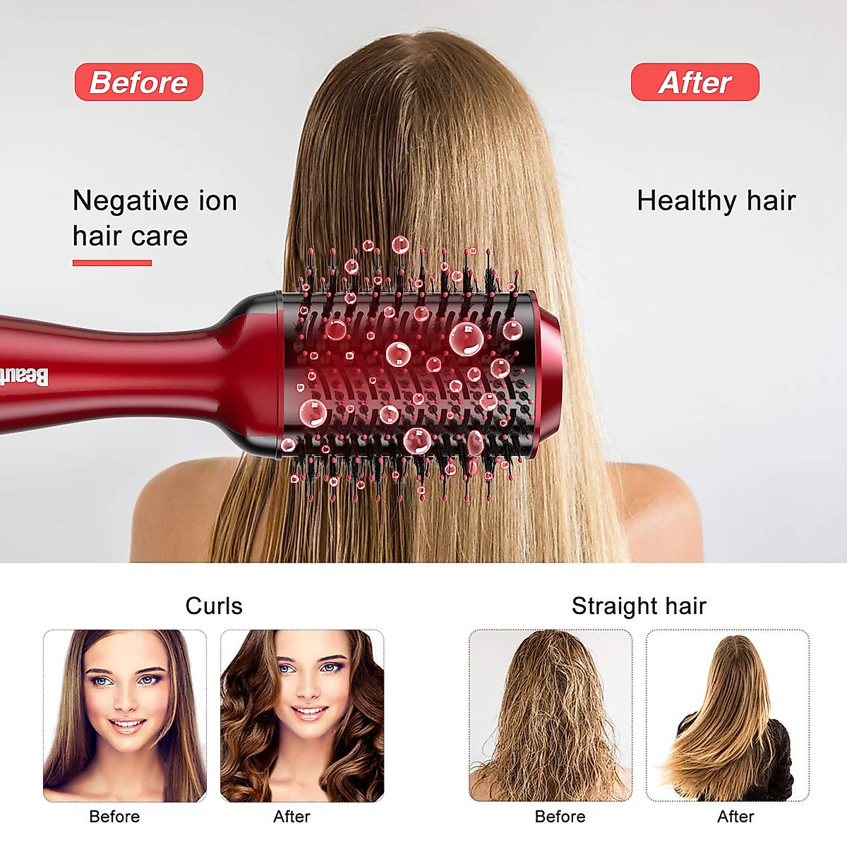 Beautimeter Hot Air Brush, 2-in-1 Volumizing Hair Dryer Brush, Negative Ion Blow Dryer Comb, Salon Hair Styler Brush for Hair Straightening and Curling, Red