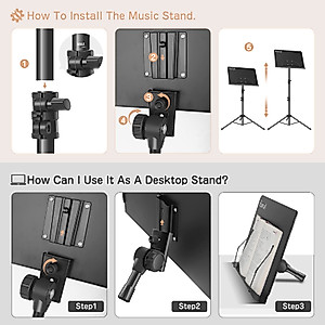 Ramzi Portable 5-in-1 Dual-Use Sheet Music Stand with Light, Clip, and Carrying Bag