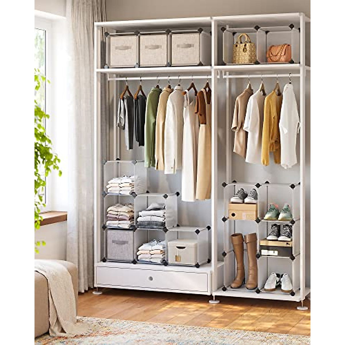 SONGMICS Cube Storage Organizer, Set of 16 Plastic Cubes, Book Shelf, Closet Organizers and Storage, Room Organization, Shelving for Bedroom Living Room, 12.2 x 48.4 x 48.4 Inches, White ULPC44L