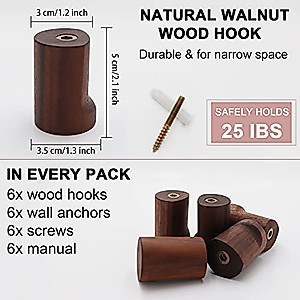 Wood Wall Hooks 6 Pack, Natural Wooden Coat Hooks Wall Mounted, Handmade Decorative Hat Hooks Wood Coat Pegs Wood Hat Rack Entryway Wall Hanger for Hanging Towels, Clothes, Bags(Black Walnut Wood)