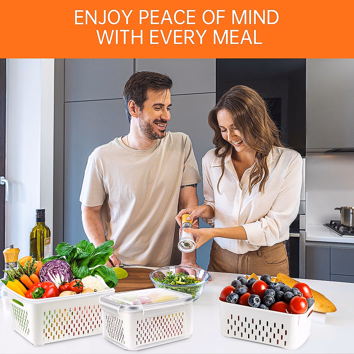 10 PCS Fruit Storage Containers for Fridge with Removable Colander, All-In-One Vegetable Berry Storage Containers for Washing, Draining, Freshness, the Largest Size with Handles