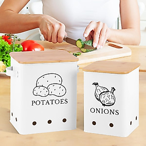 Candco Set of 2 White Vegetable Storage Tins with Wooden Lids for Potatoes, Onions, and Garlic - Long Shelf Life and Convenience