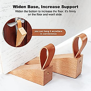 Wood Door Stopper, 2 Pack Door Stoppers Wedge with Adhesive Hooks, Solid Beech Wood Door Stop Wedge with Leather Band for Hanging, Wood Door Stoppers for Bottom of Door