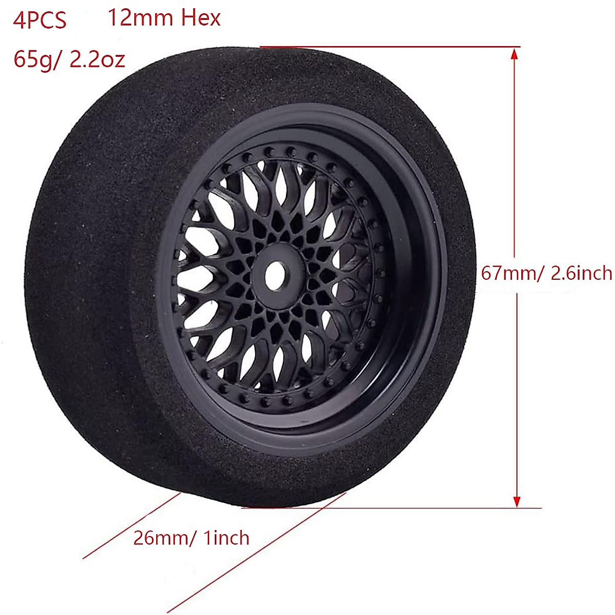 Shaluoman 4Pcs 1/10 On-Road Foam Tires& 2080-3mm Wheel Rims 12mm Hex for HSP HPI RC Racing Car Toy, Black