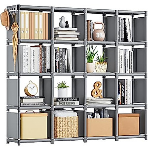 Mavivegue Book Shelf, 16 Cube Storage Organizer, DIY Bookcase, Metal Cube Bookshelf,Tall Book case for Bedroom, Living Room,Office,Closet Storage Organizer, Grey Cubicle Storage Rack